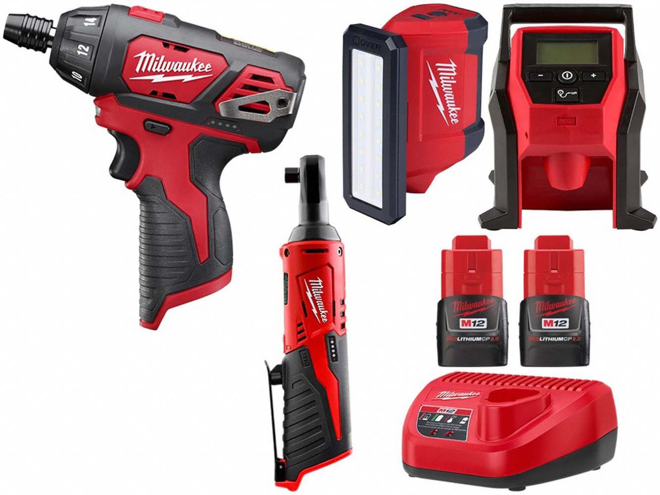 MILWAUKEE TOOL & EQUIPMENT, 4 Tools, 12 V DC Volt, Cordless Combination ...