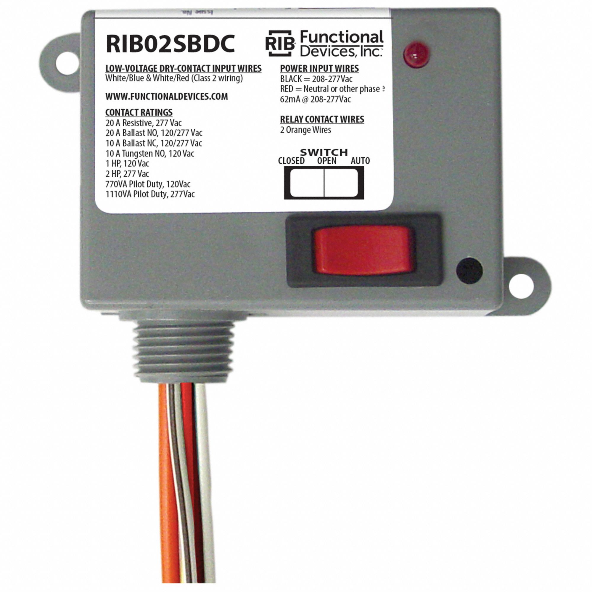 FUNCTIONAL DEVICES INC / RIB, Enclosed Relay,20A,SPST,Override - 244V90|RIB02SBDC - Grainger