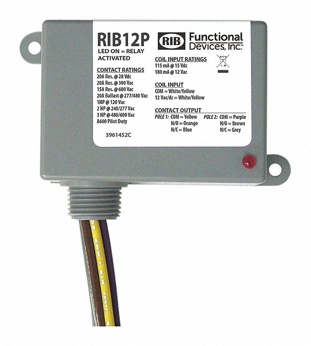FUNCTIONAL DEVICES INC / RIB Enclosed Relay, 20A, DPDT, 12VAC/DC ...