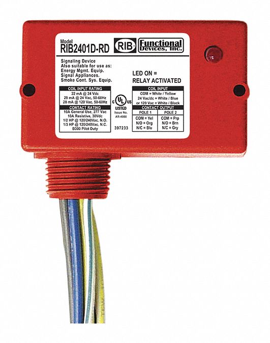 FUNCTIONAL DEVICES INC / RIB Relay, 10A, DPDT, 24VAC/DC/120VAC, NEMA 4 ...