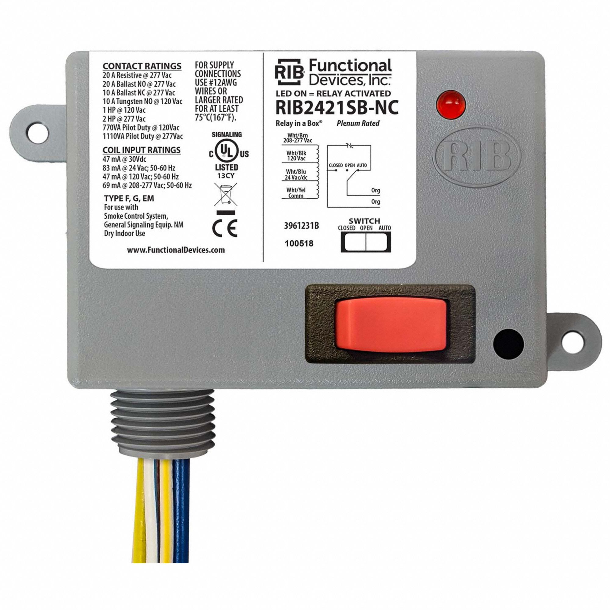 RIB, Enclosed Relay,20A,SPDT-N/C,Override - 244W12|RIB2421SB-NC - Grainger