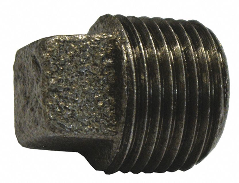 Malleable Iron, 2 1/2 in Fitting Pipe Size, Black Square Head Plug, 1/2 ...