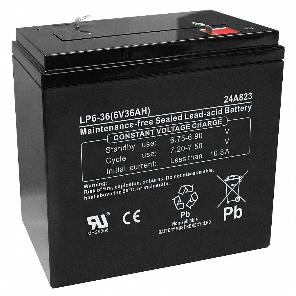 6V DC, Sealed Lead Acid Battery, 36Ah, Faston, 6.66 in Height, 3 7/16 ...