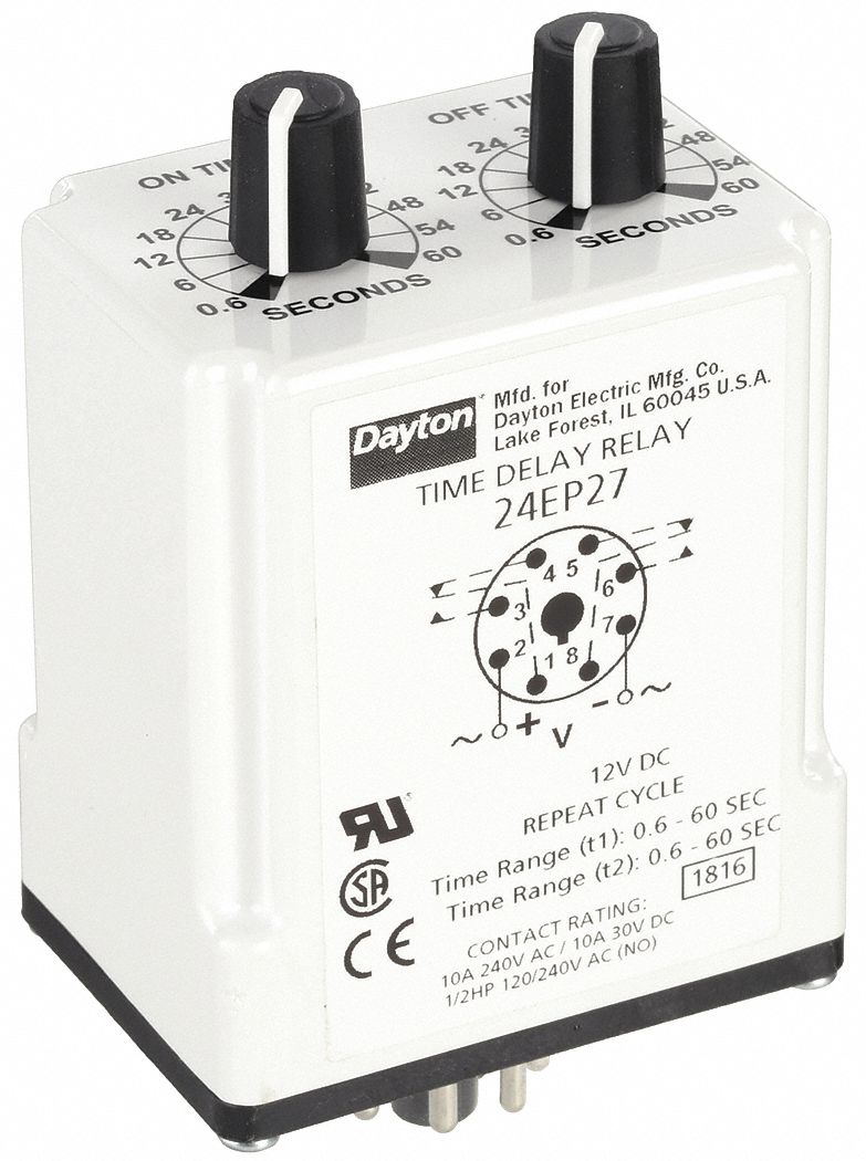 DAYTON, Socket Mounted, 12V DC, Single Function Time Delay Relay ...
