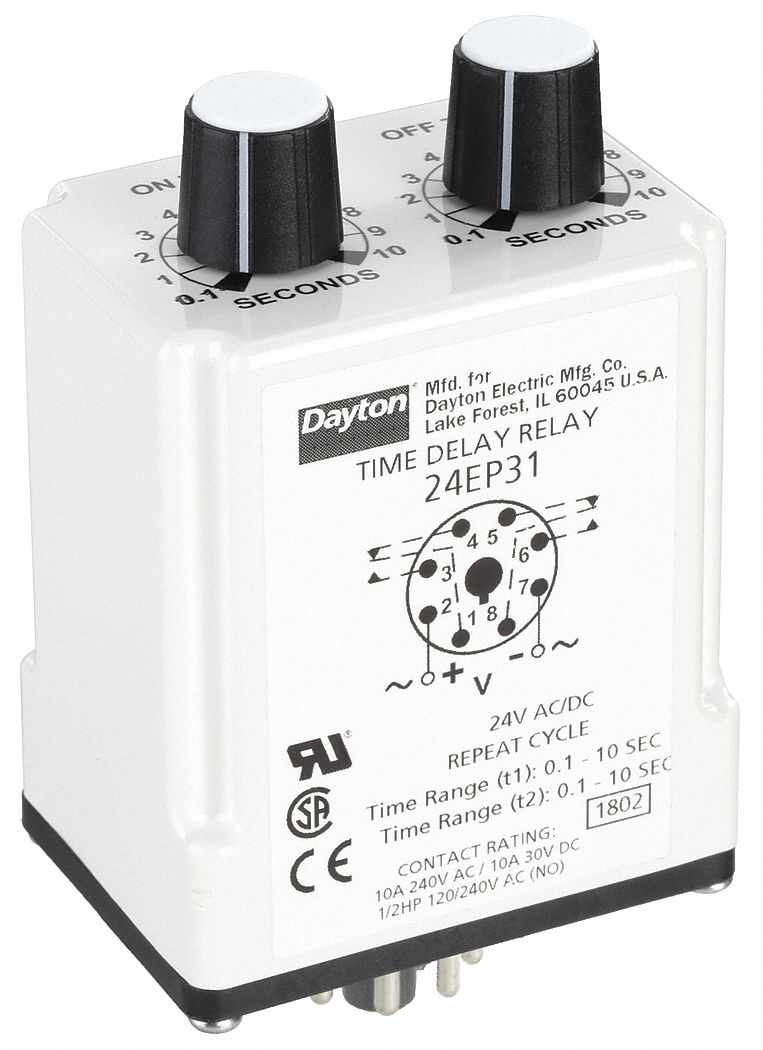 DAYTON, Socket Mounted, 24V AC/DC, Single Function Time Delay Relay ...
