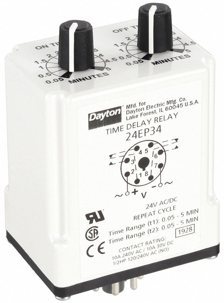 DAYTON, Socket Mounted, 24V AC/DC, Single Function Time Delay Relay ...