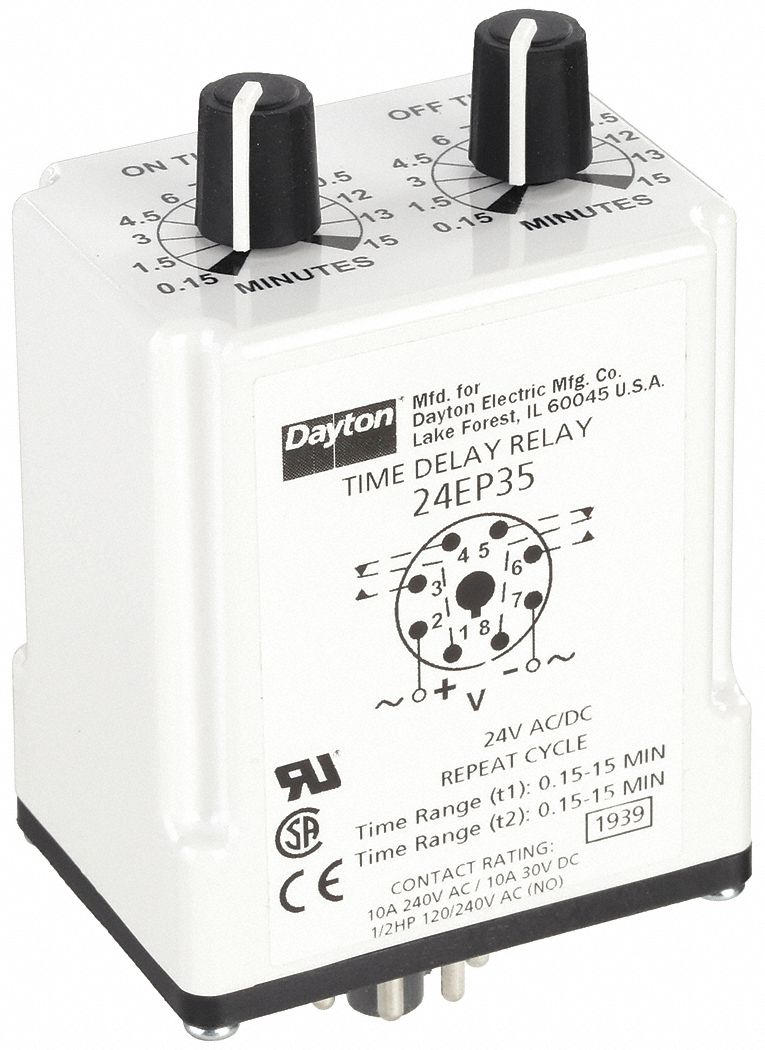DAYTON, Socket Mounted, 24V AC/DC, Single Function Time Delay Relay ...