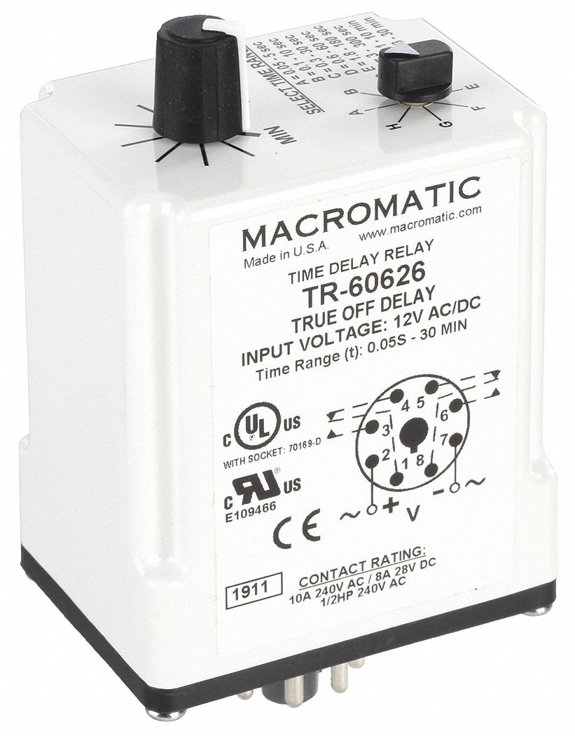 MACROMATIC, Socket Mounted, 12V DC, Single Function Time Delay Relay - 24EP45|TR-60626 - Grainger
