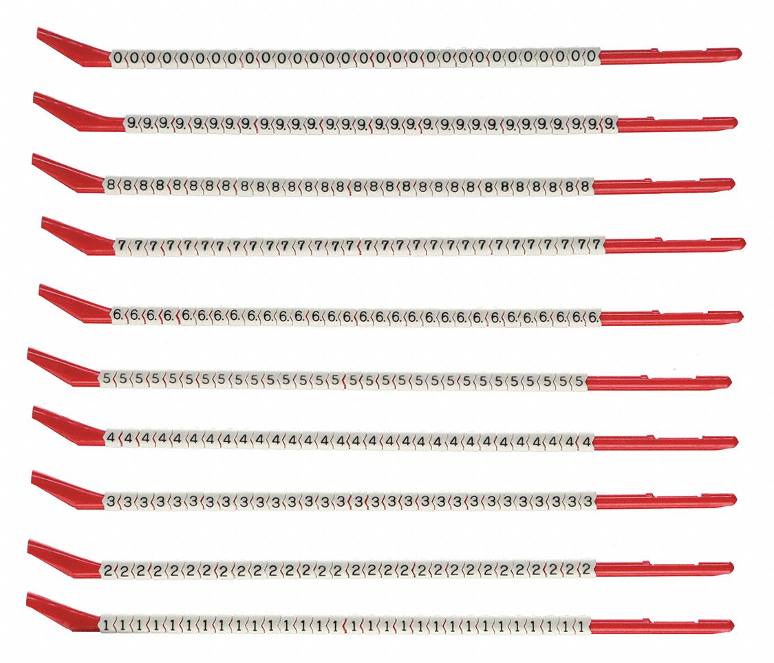 Wire Marker Wand, Preprinted, 0 to 9, Black on White, PK 10 - Grainger