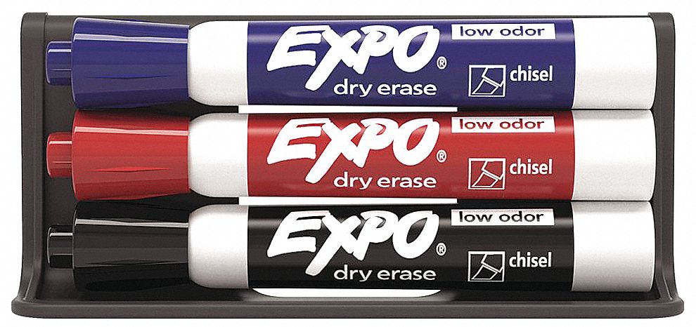 Dry Erase Marker Set, Chisel, Barrel Type Eraser Holder, PK 3 - Grainger