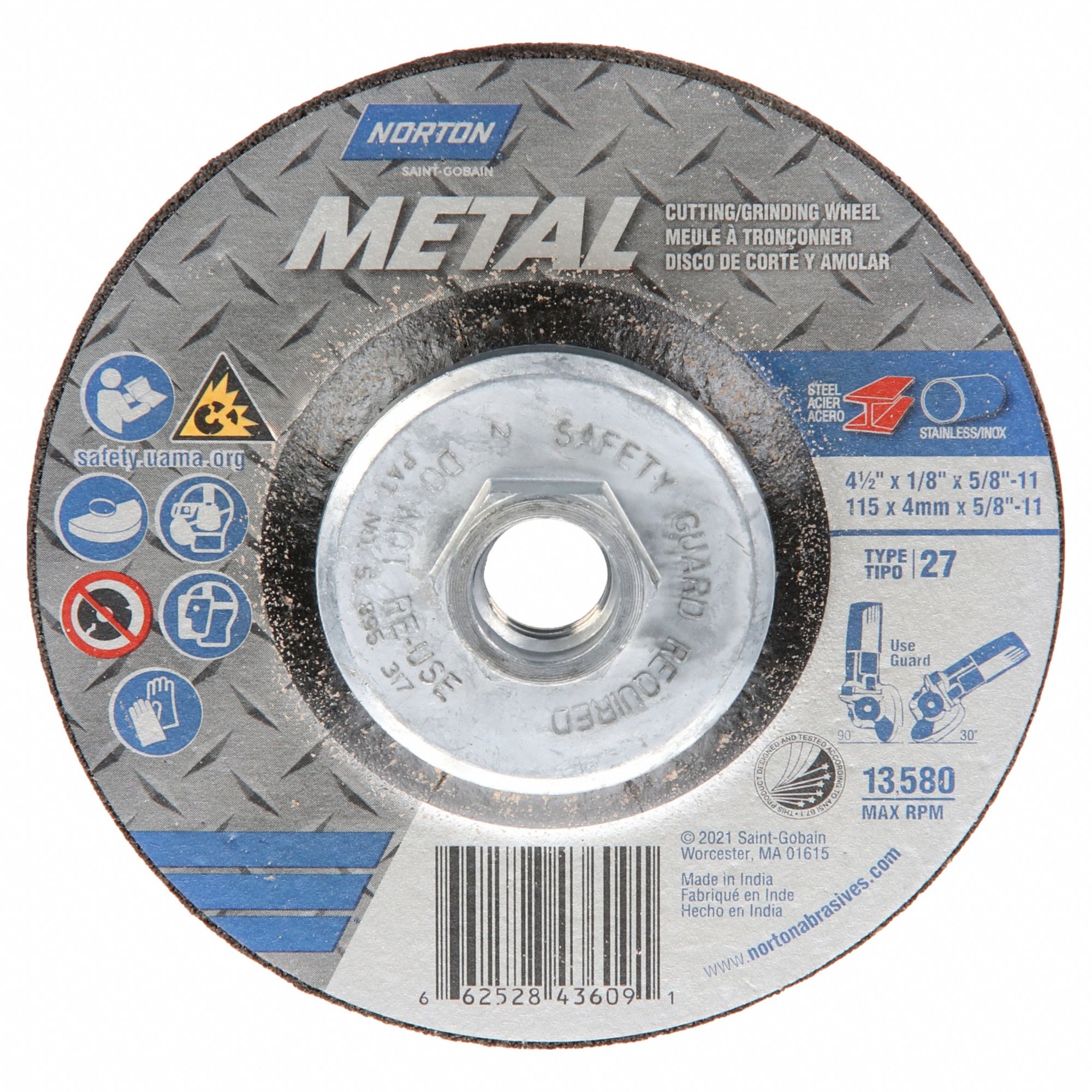NORTON, Type 27, 4 1/2" x 1/8" x 5/8"-11, Cut-Off & Grinding Wheel ...