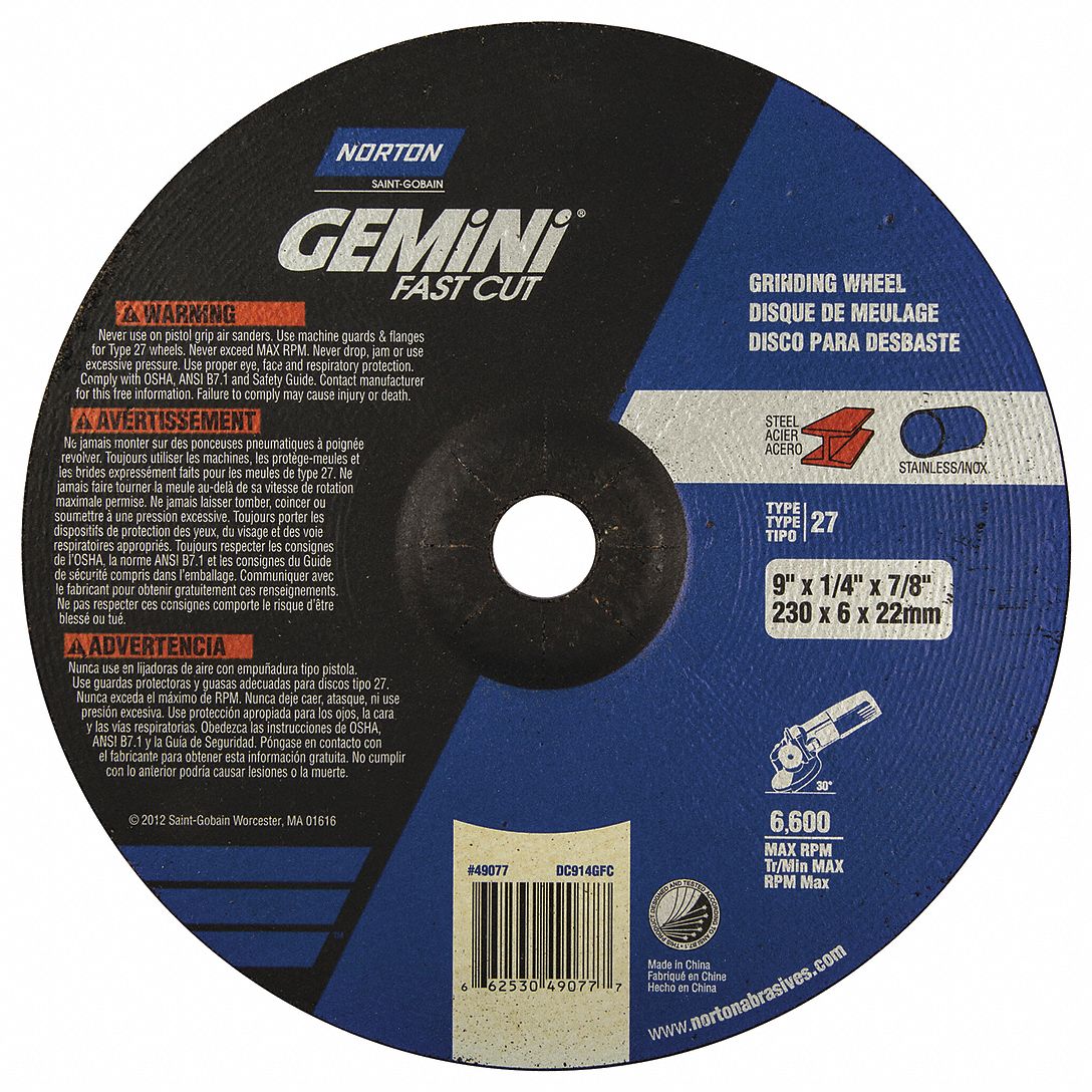 NORTON, Type 27, 9" x 1/4" x 7/8", Depressed Center Grinding Wheel ...