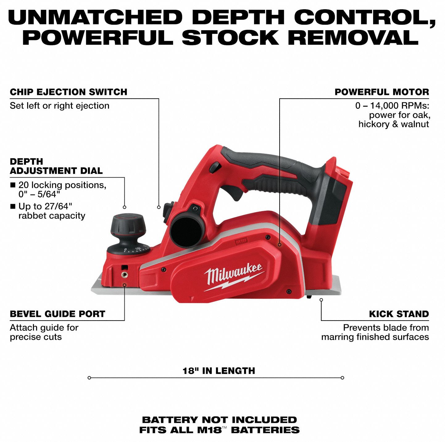 MILWAUKEE Cordless Planer: M18, Bare Tool, 3 1/4 in Blade Wd, 1/16 in ...