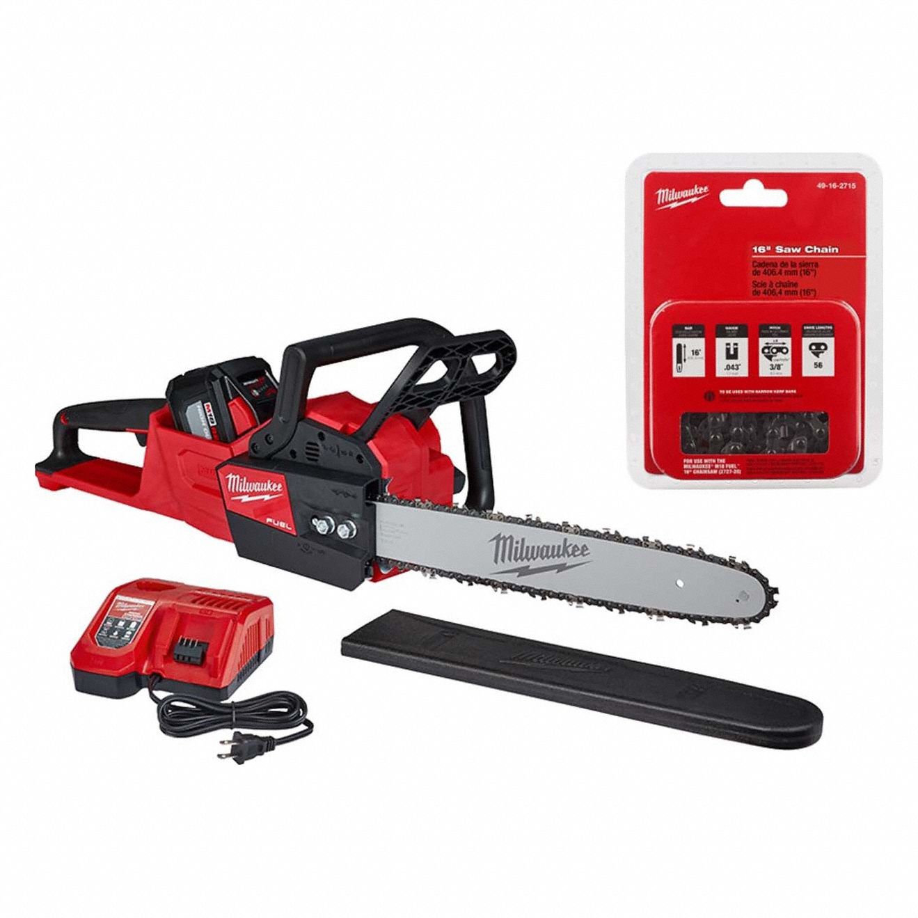 MILWAUKEE, 16 in Bar Lg, Rear Handle, Battery-Powered Chainsaw Kit ...