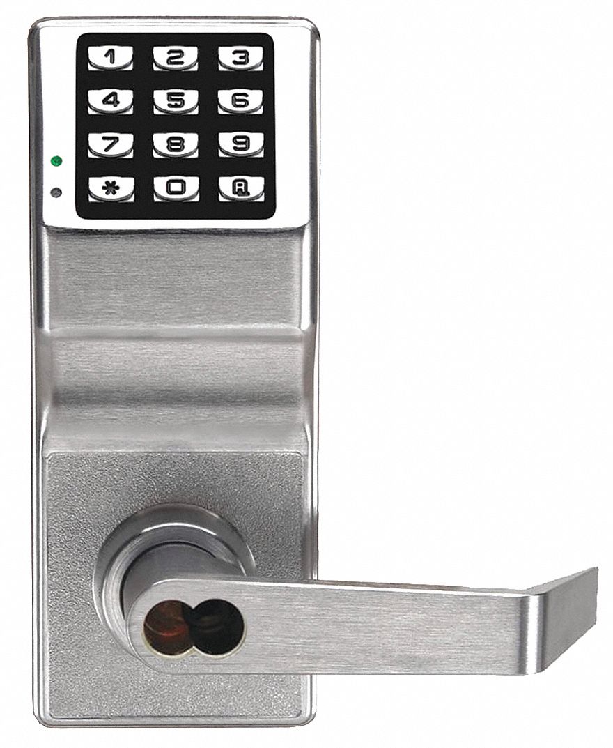 Electronic Keyless Lock, Cylindrical, Satin Chrome, 1 5/8 in to 1 7/8 ...