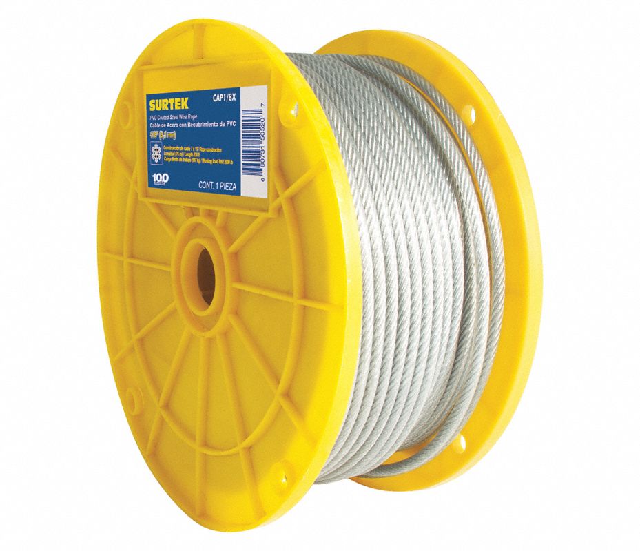 SURTEK Cable, 1/8" Diám. Exterior, Acero/PVC, 76m Longitud, Trenzado ...