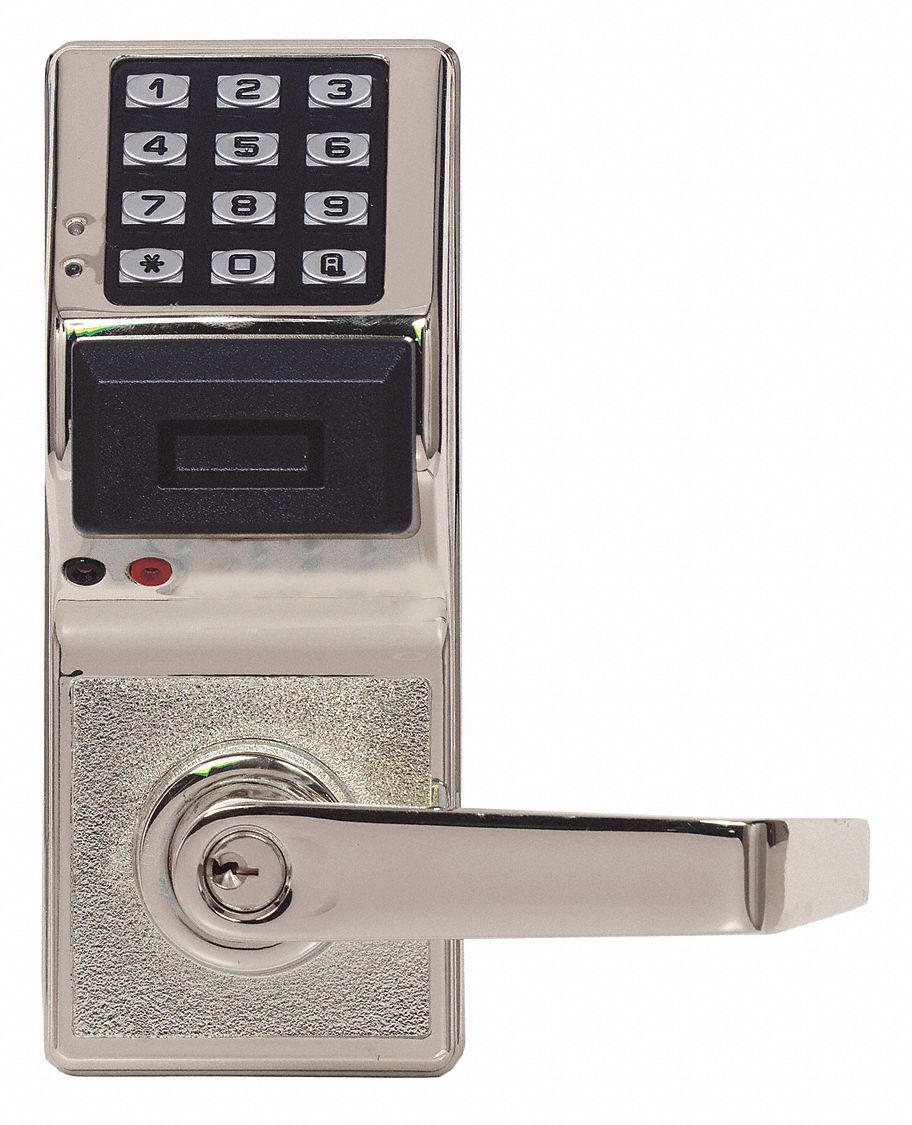 Electronic Keyless Lock, Cylindrical, Satin Chrome, 1 3/8 in to 1 7/8 ...