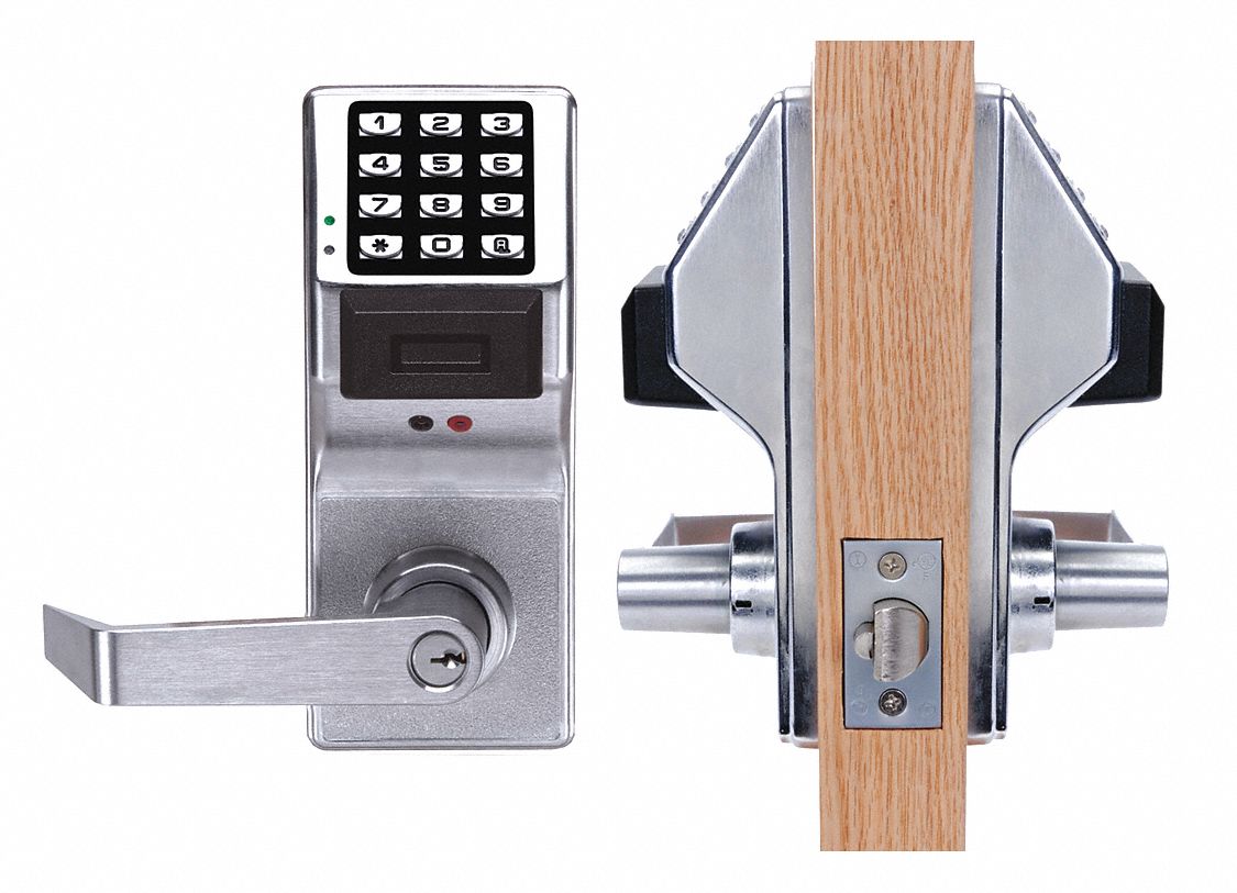 Electronic Keyless Lock, Cylindrical, Satin Chrome, 1 3/8 in to 1 7/8 ...