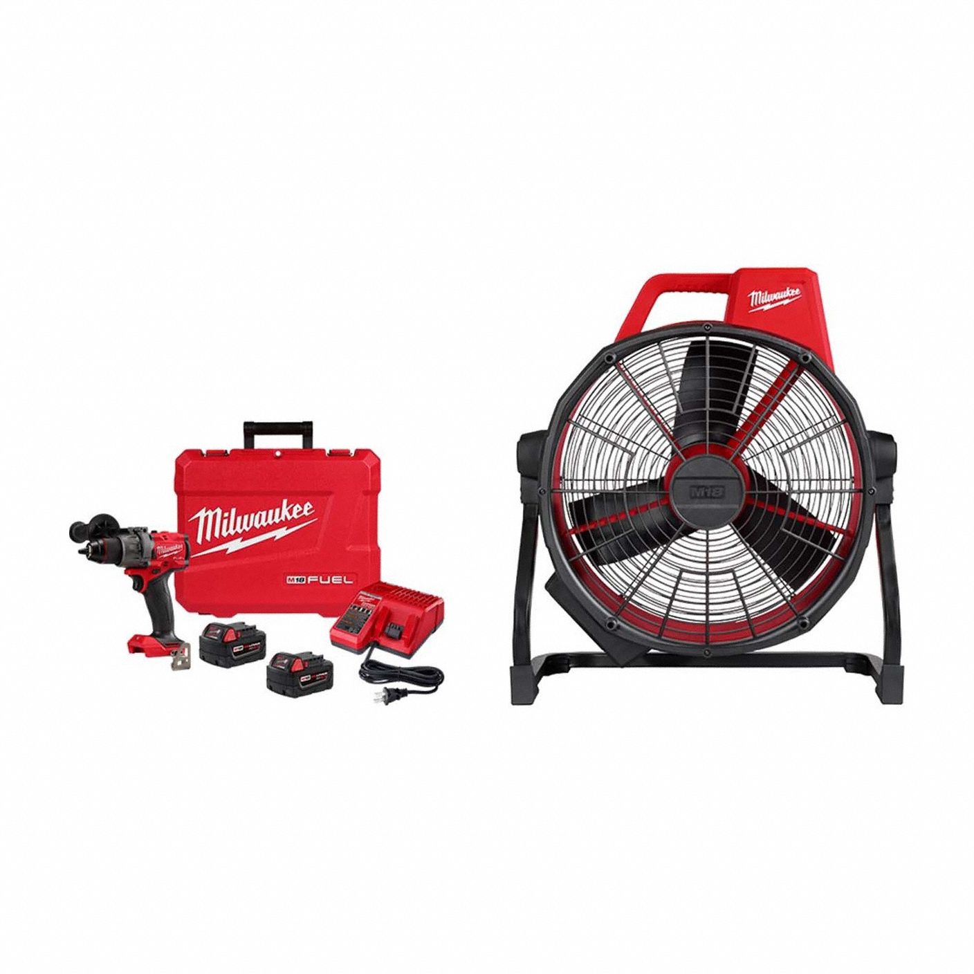 MILWAUKEE, 18V DC, Compact Premium, Hammer Drill Kit and Fan - 438PP7 ...