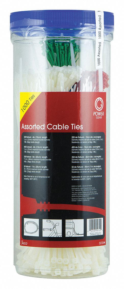 POWER GEAR, Cable Ties, Assorted Sizes, 1000pk - 291D61|50724 - Grainger