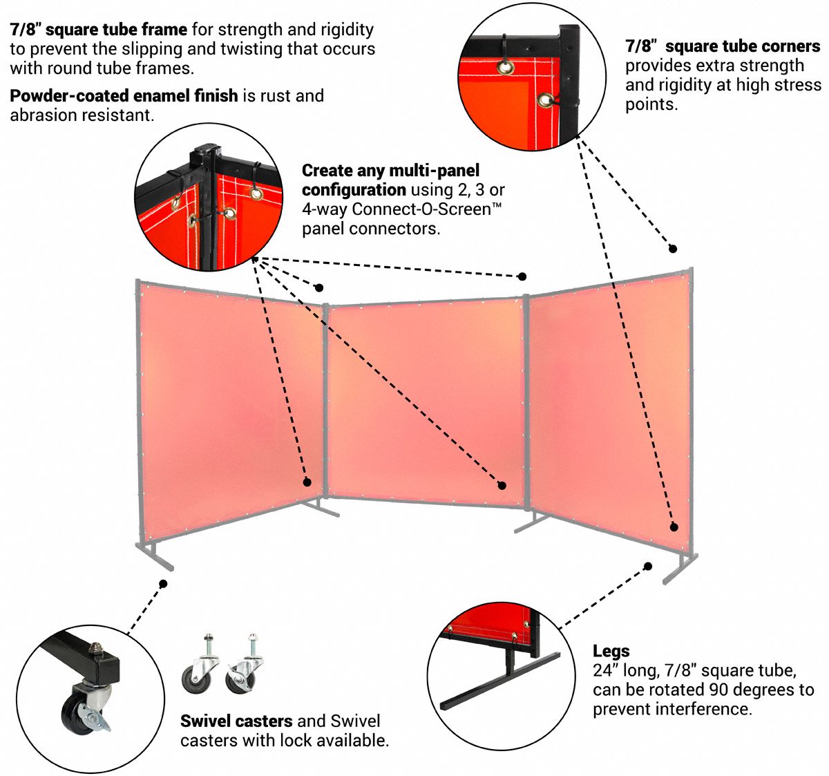 STEINER Welding Screen: Vinyl, 6 ft Ht, 8 ft Wd, Orange, 3/4 in Frame ...