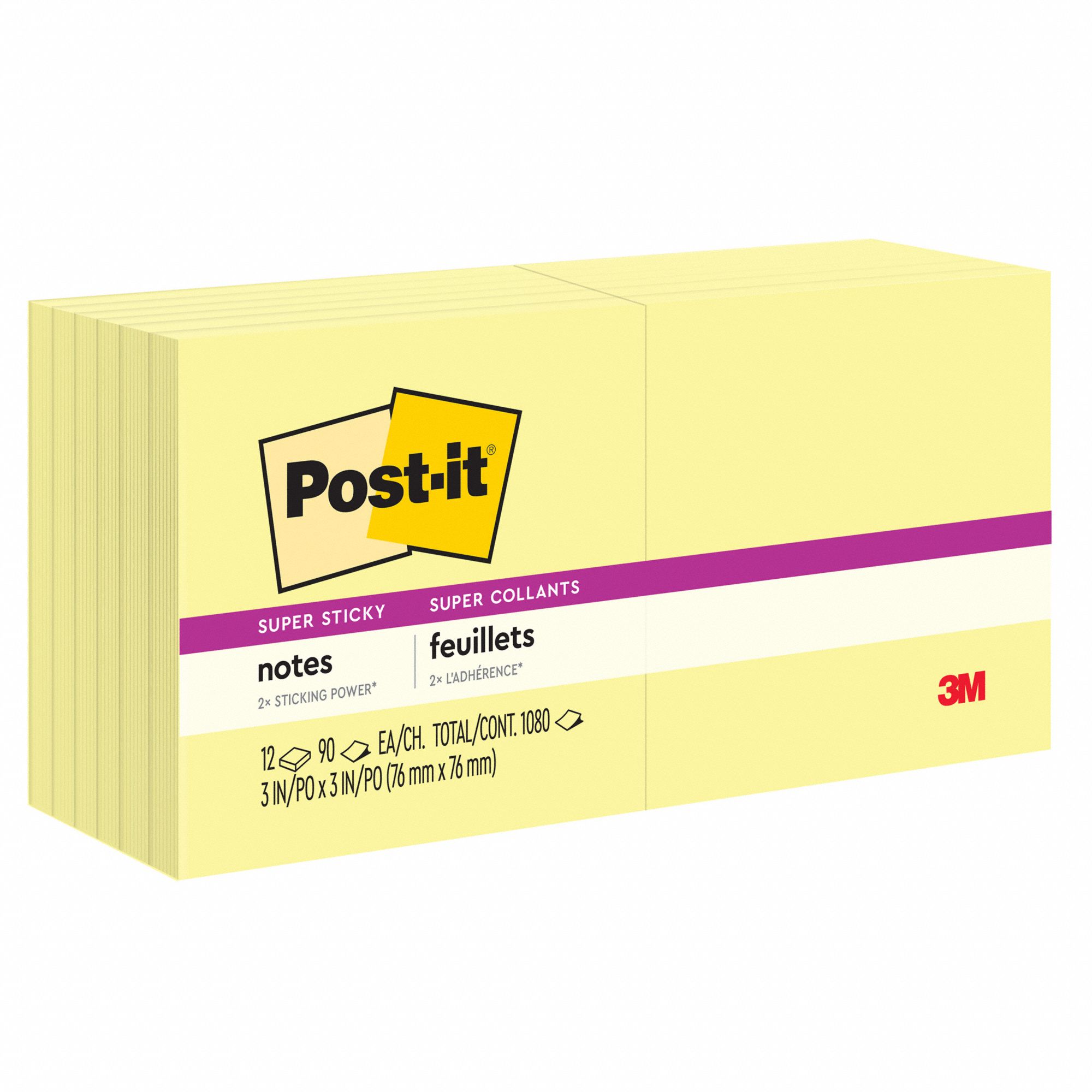 POST-IT Sticky Notes: Yellow, Super Sticky, 90 Sheets per Pad, 12 Pads ...