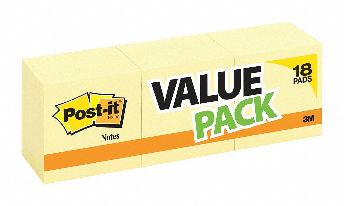 POST-IT, Yellow, Std, Sticky Notes - 29PK96|654-14+4YW - Grainger