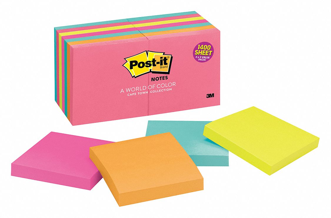 POST-IT, Assorted Bright, Std, Sticky Notes - 29PK97|654-14AN - Grainger