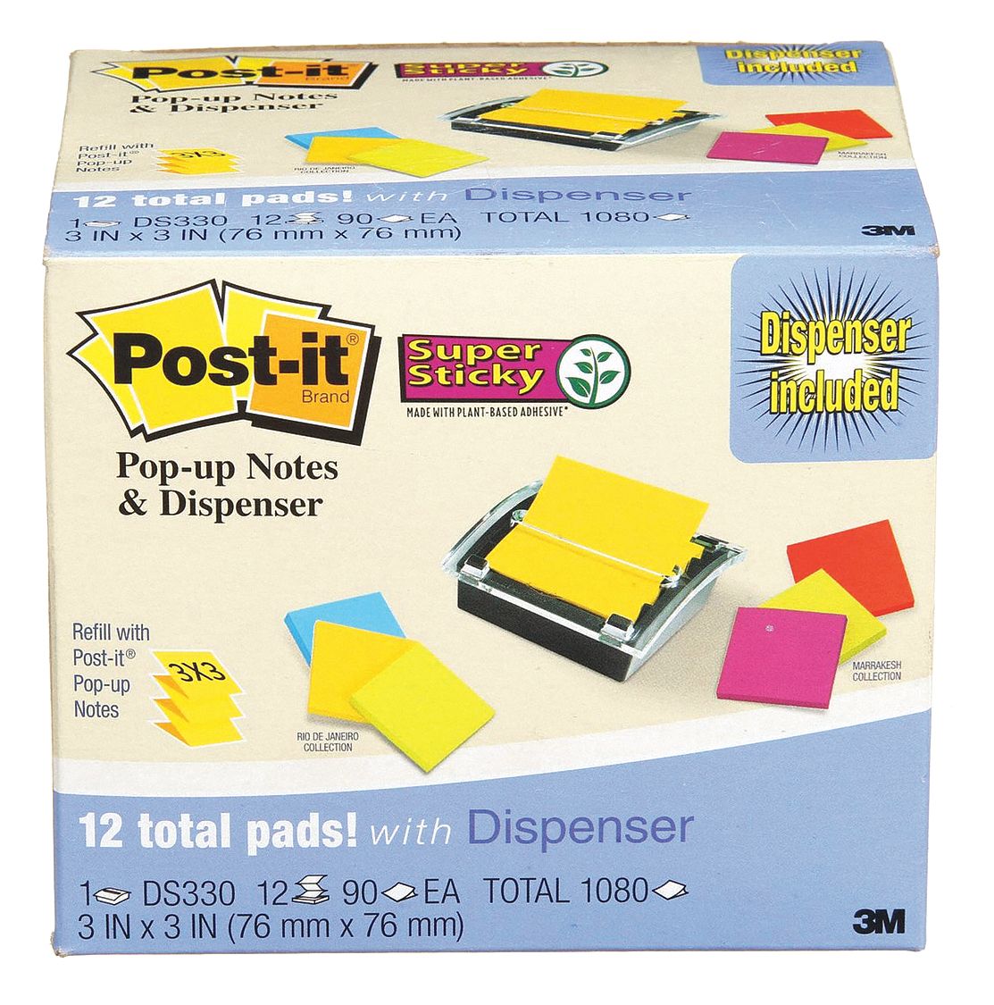Pop-Up Super Sticky Notes and Dispenser, 3 in x 3 in, PK 12 - Grainger