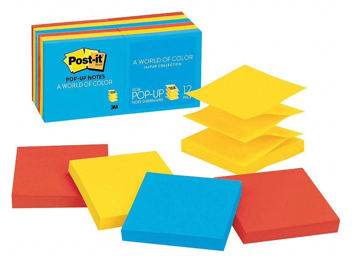 Pop-Up Sticky Notes, 3 in x 3 in, PK 12 - Grainger