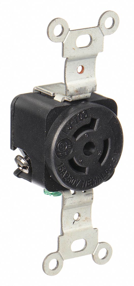 Black Locking Receptacle, 15 Amps, 240V AC Voltage, NEMA Configuration ...