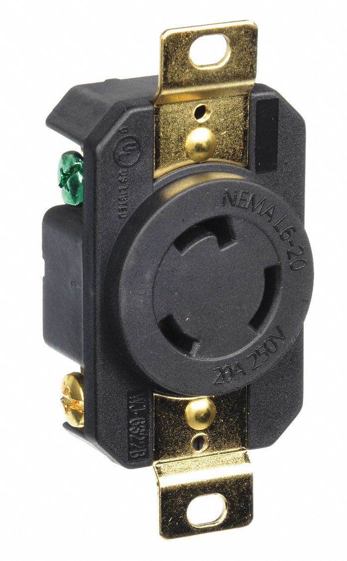 Black Locking Receptacle, 20 Amps, 240V AC Voltage, NEMA Configuration ...