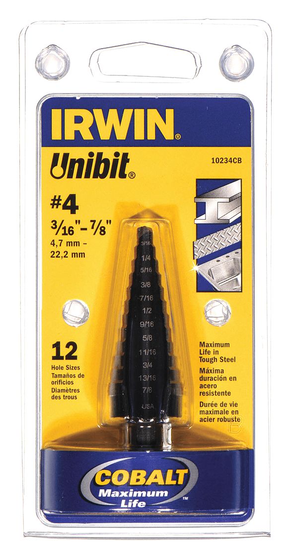 IRWIN UNIBIT STEP DRILL BIT, 12 HOLE SIZES, 3/16 TO ⅞ IN, 1/16 IN ...