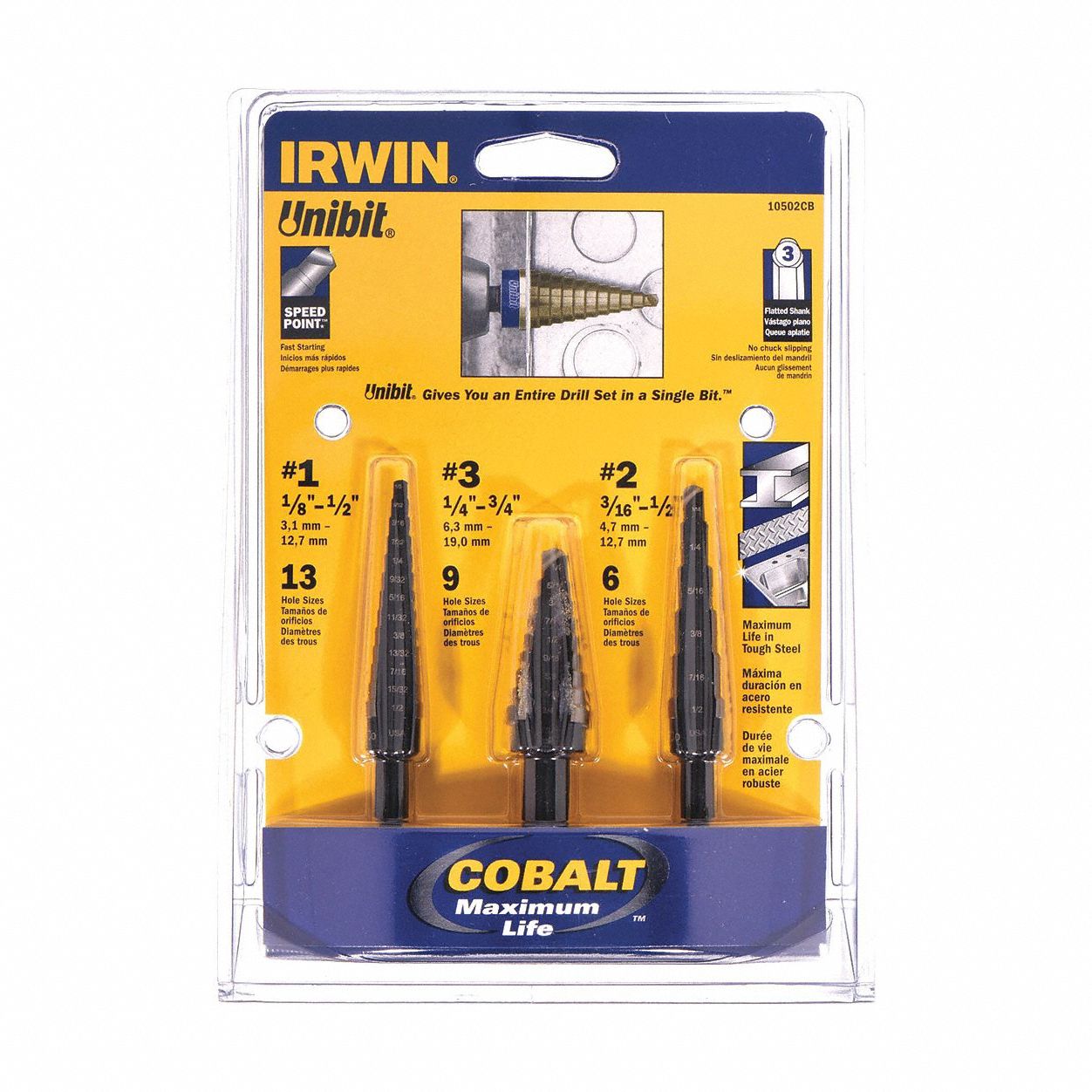 IRWIN, 3 Pc, 1/8" to 3/4", Step Drill Bit Set - 2CJR9|10502cb - Grainger