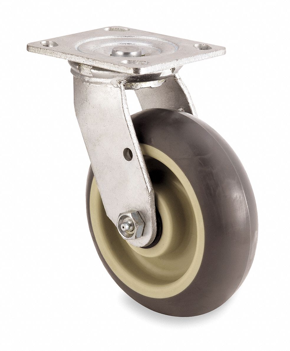 Plate Caster, Swivel, Thermoplastic Rubber, 450 lb, 6 in Wheel Dia ...