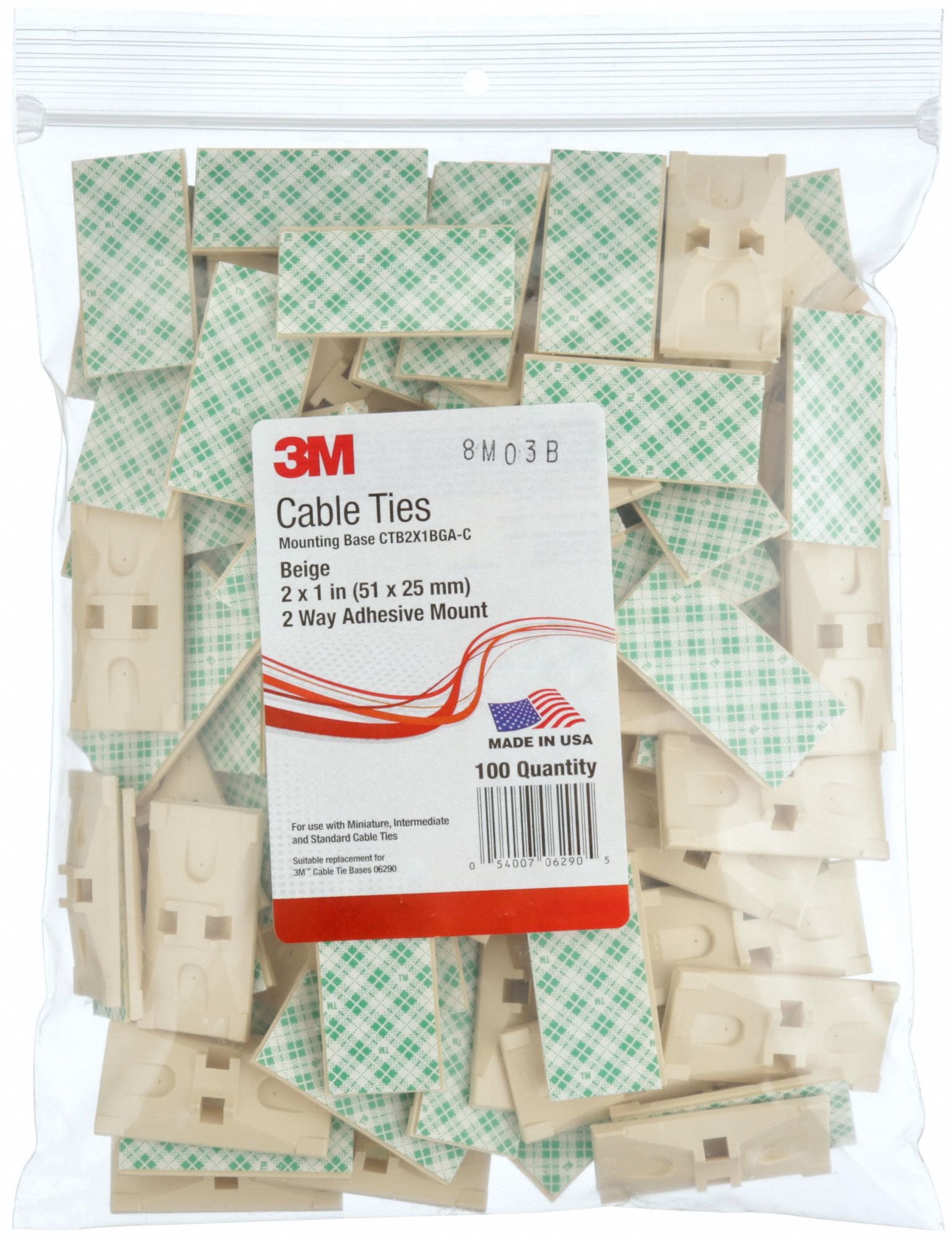 3M Cable Tie Mounting Base: 0.21 in Slot Wd, 0.18 in Slot Ht, 2 in L x ...