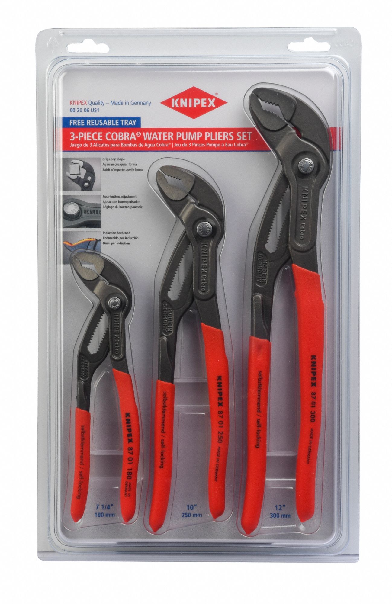 KNIPEX Water Pump Plier Set: V, Push Button, 1 1/2 in_2 in_2 3/4 in Max ...