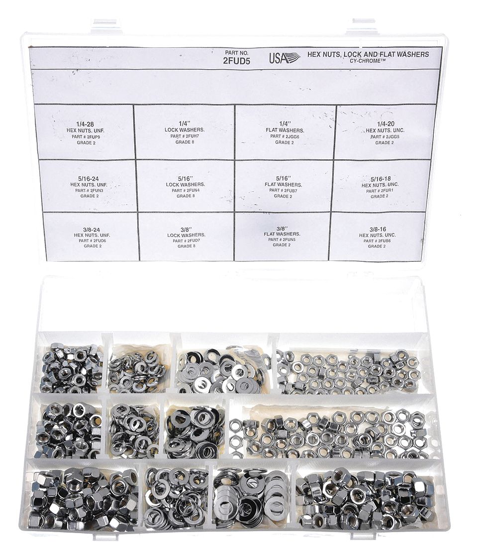 Steel, Chrome-Plated, Nut and Washer Assortment - 2FUD5|MK555H - Grainger