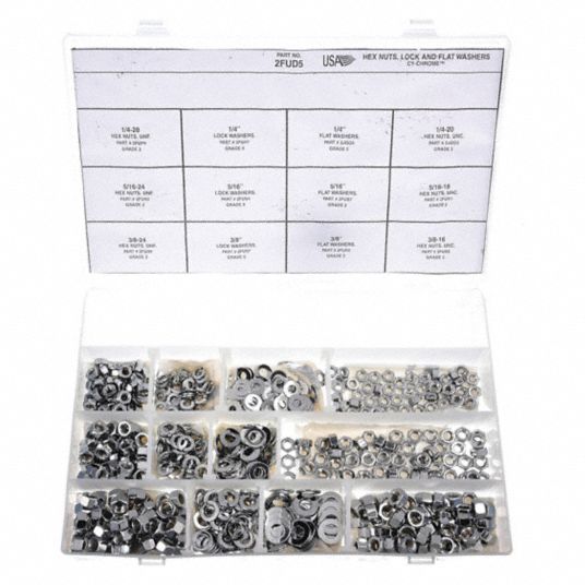 Steel, Chrome-Plated, Nut and Washer Assortment - 2FUD5|MK555H - Grainger