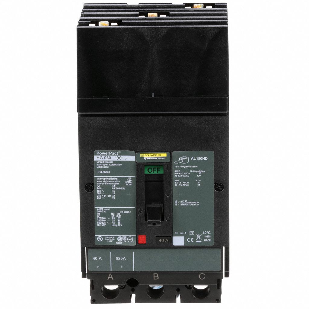 SQUARE D Molded Case Circuit Breaker: 40 A Amps, 65kA at 240V AC, Fixed, Lug, ABC - 2GNN4 ...