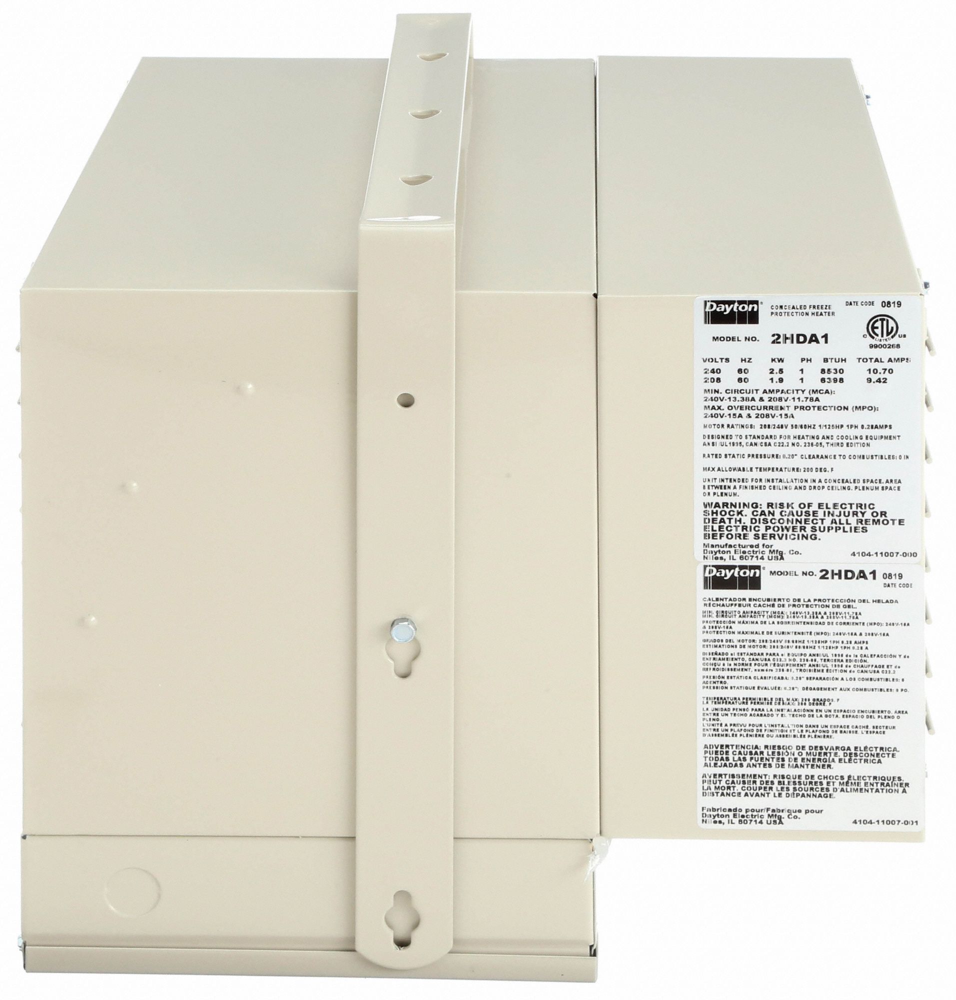 DAYTON Electric Plenum Heater, 2.5kW/1.9kW, 208/240V AC, 1 Phase, Air ...