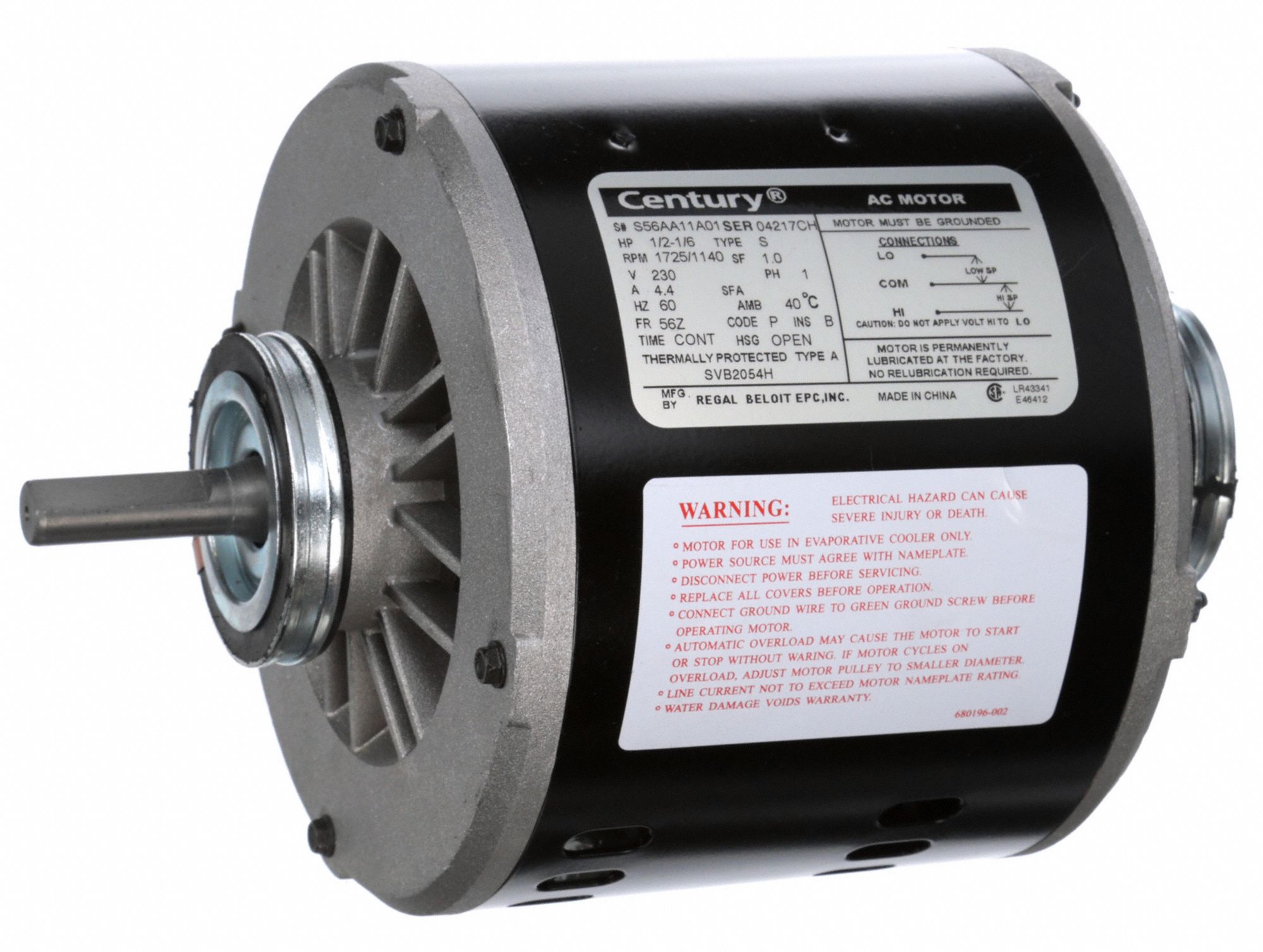 CENTURY Evaporative Cooler Motor: 2 Speed, 1/2, 1/6 HP, 1,725/1,140 ...