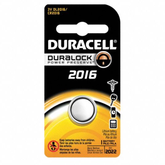 DURACELL 2016, Coin Cell Battery, ANSI, Lithium, 3V DC, Diameter 0.788 ...