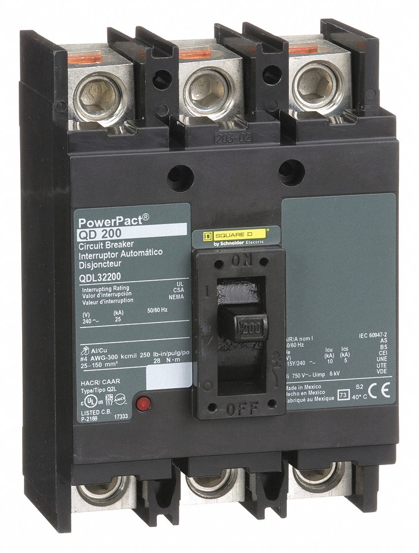 SQUARE D Molded Case Circuit Breaker: 200 A Amps, 25kA at 240V AC, Fixed, Lug, ABC - 2JXH2 ...