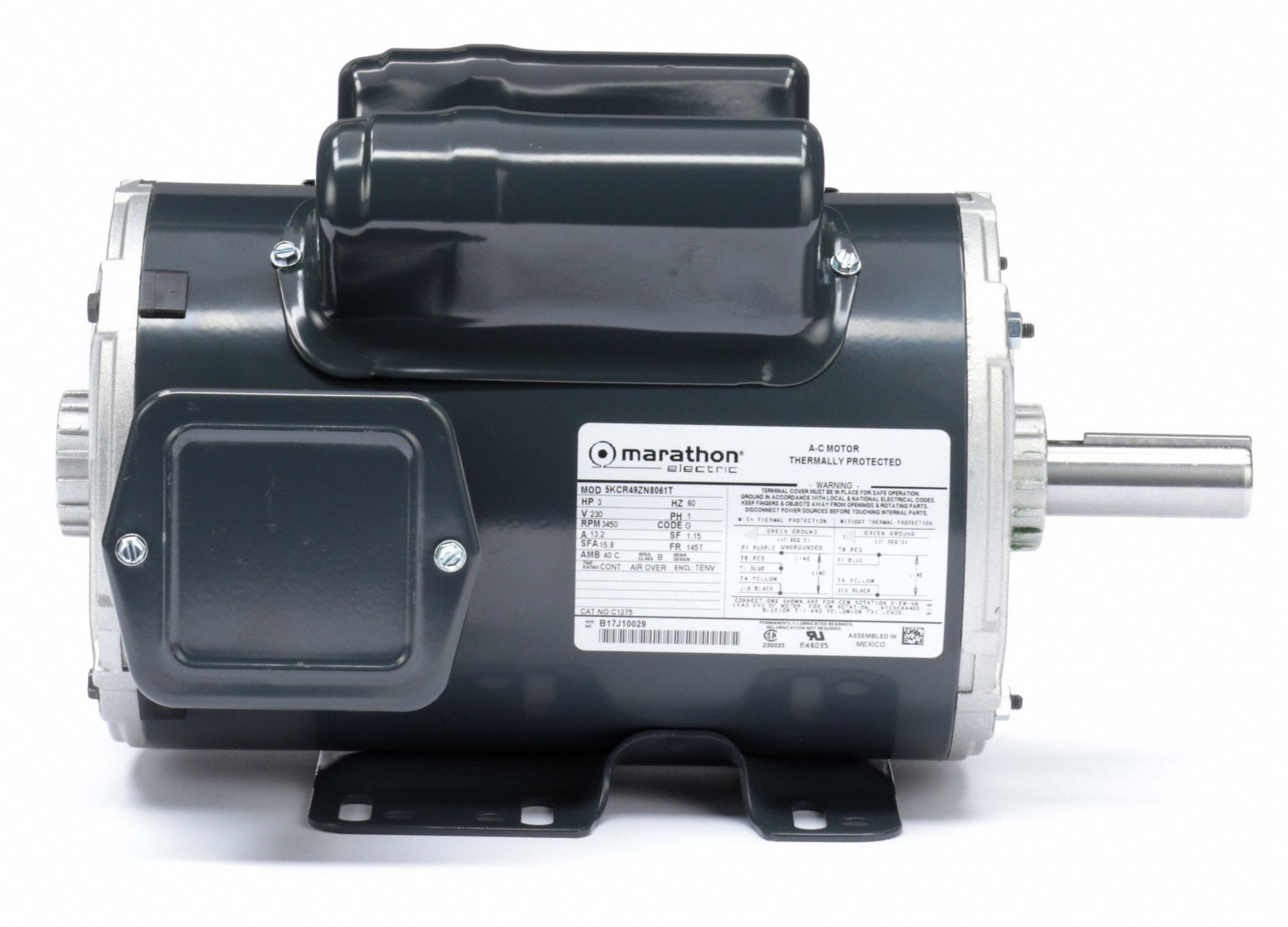 MARATHON MOTORS Aeration Fan Motor, 3 HP, Capacitor-Start, Nameplate ...