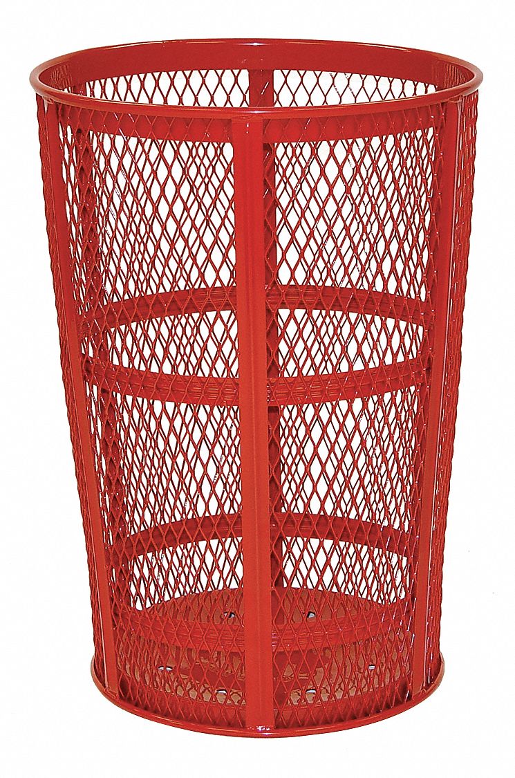 Trash Can, 45 gal, Stationary, Round, Metal, Red - Grainger