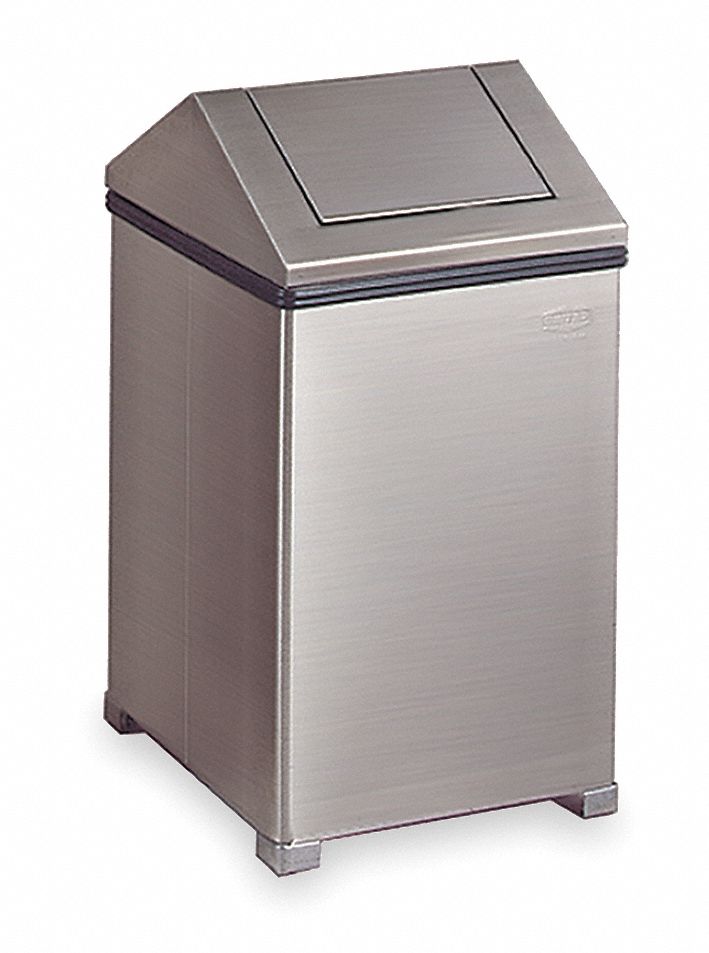 Trash Can, 10-1/2 gal, Stationary, Square, Metal, Silver - Grainger