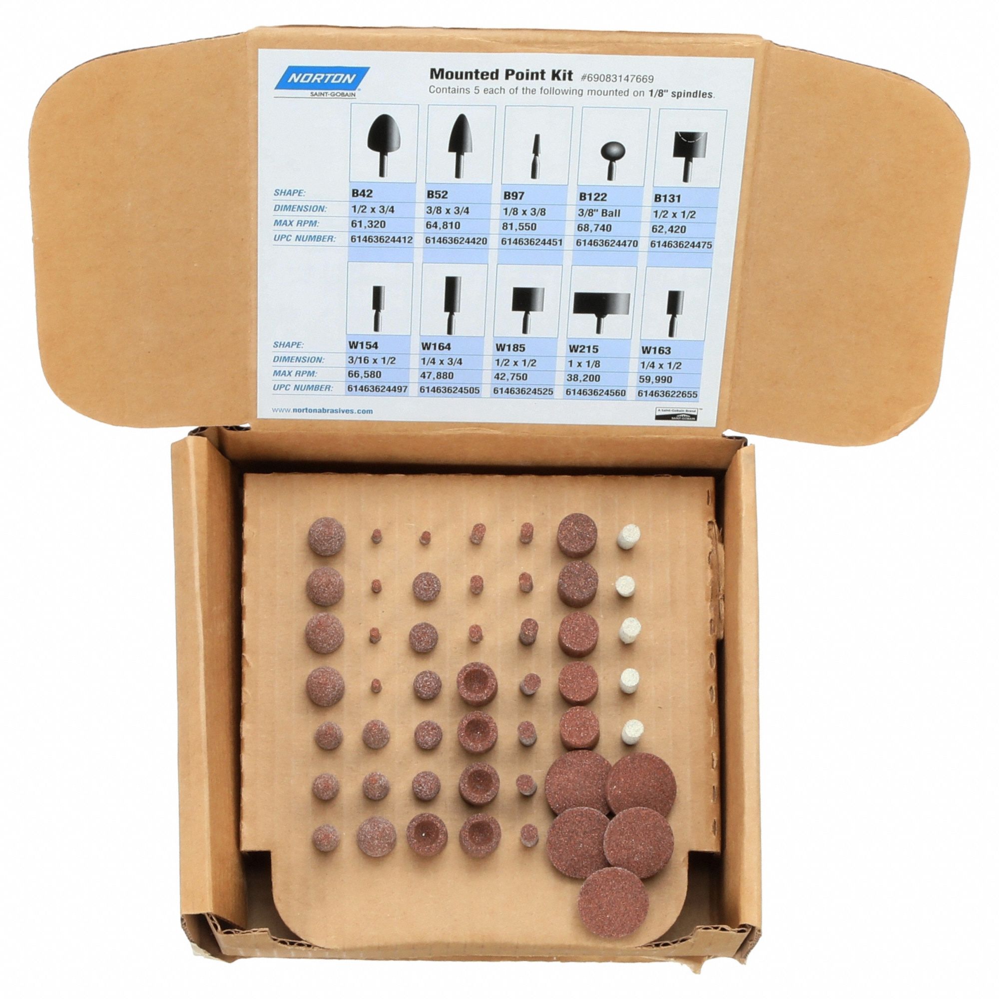 NORTON, 1/8 in Shank Dia, Aluminum Oxide, Vitrified Mounted Point Kit ...