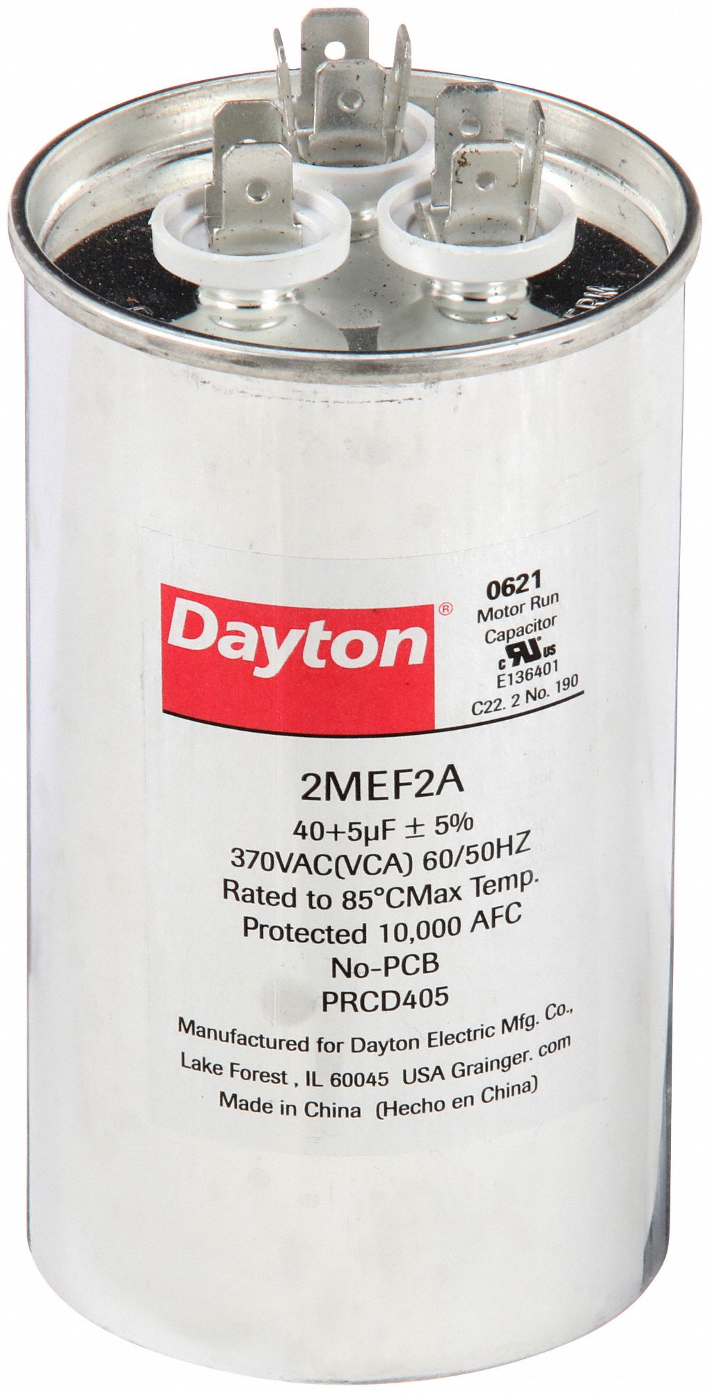 DAYTON, Round, 370V AC, Motor Dual Run Capacitor - 2MEF2|2MEF2 - Grainger