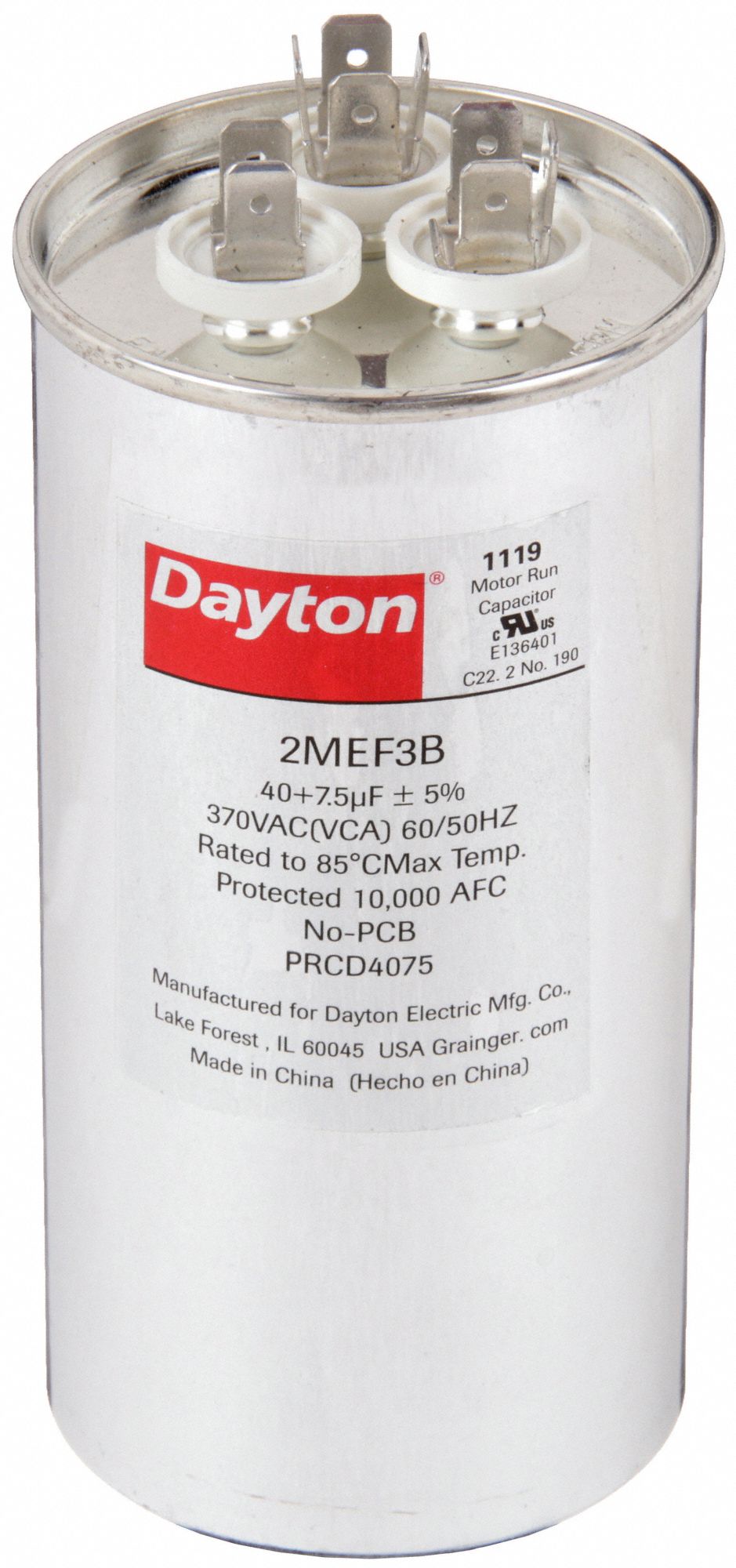 DAYTON, Round, 370V AC, Motor Dual Run Capacitor - 2MEF3|2MEF3 - Grainger